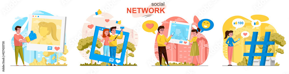 Social network concept scenes set. Man and woman take selfie, post ...