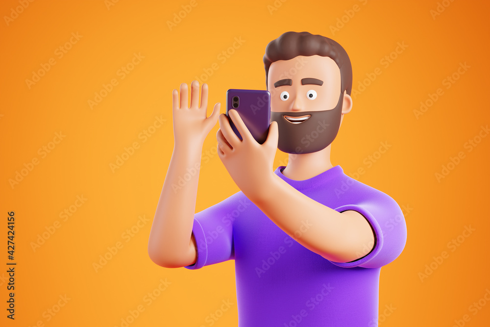 Cartoon beard character man make video call or selfie by smartphone and ...