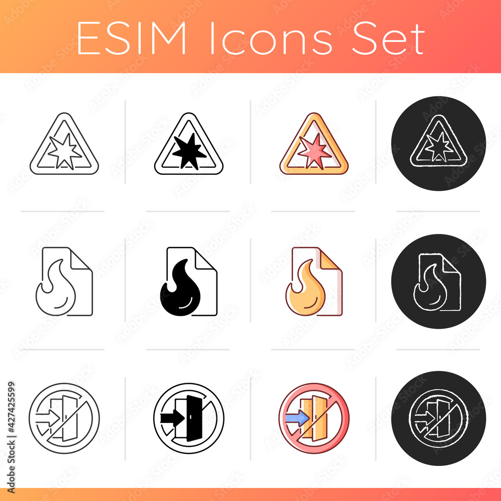 Fire accident guidelines icons set. Explosion risk label. Blanket for ...