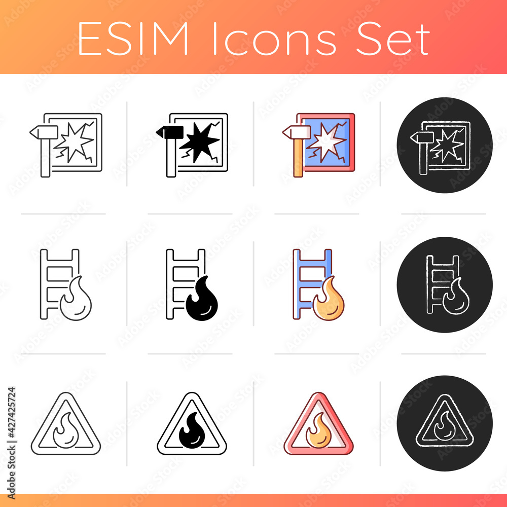 Fire safety icons set. Break glass in case of emergency. Ladder for ...