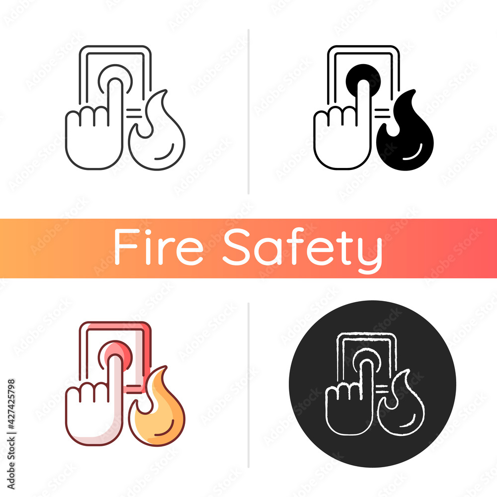 Fire alarm icon. Finger pressing button for urgent help. Extinguishing ...