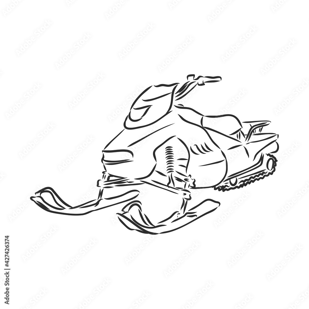 isolated illustration of a rider on a snow scooter , black and white ...