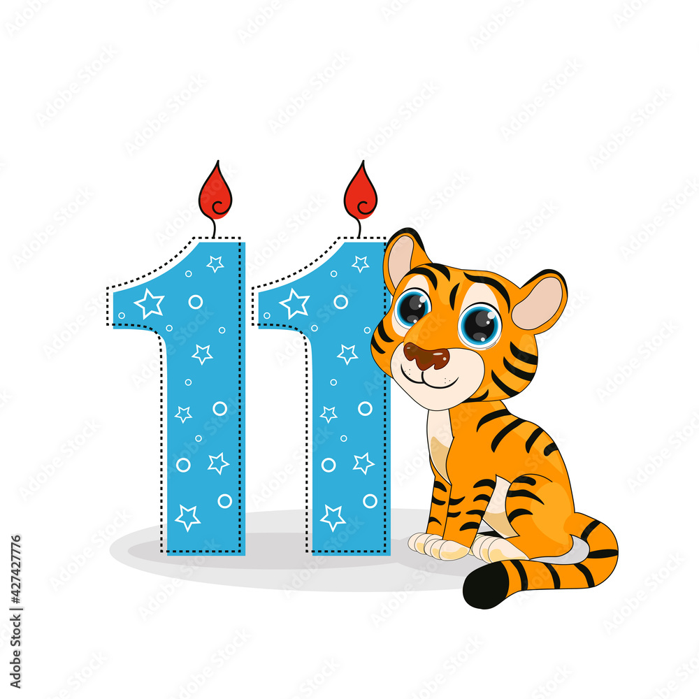 Cute cartoon tiger with number eleven vector illustration. Perfect for ...