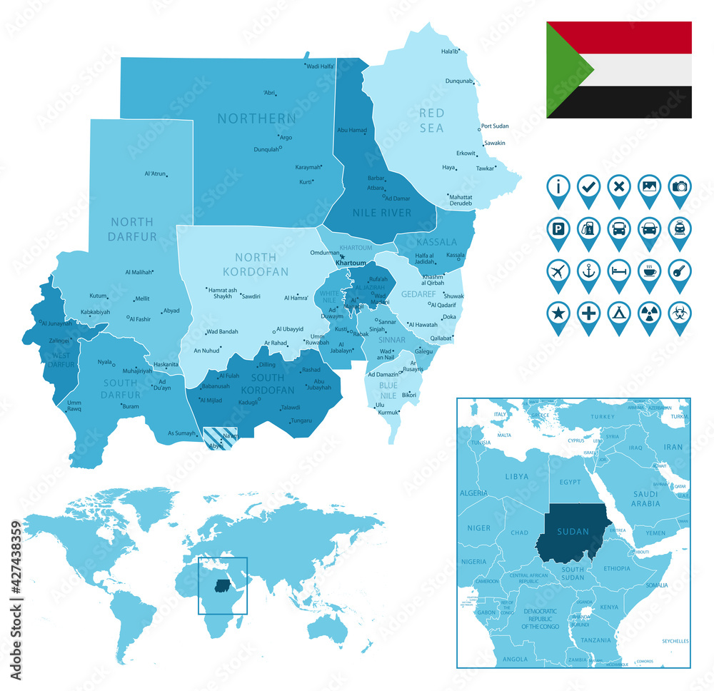 Sudan detailed administrative blue map with country flag and location ...