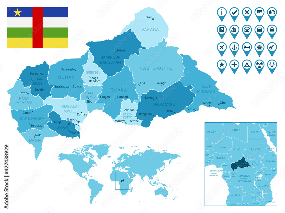 Central African Republic detailed administrative blue map with country ...