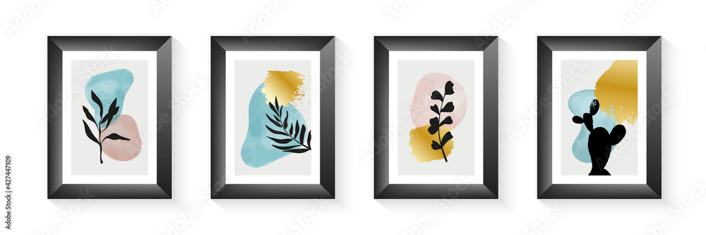 Botanical set of wall artwork posters. Abstract golden plant shapes in ...
