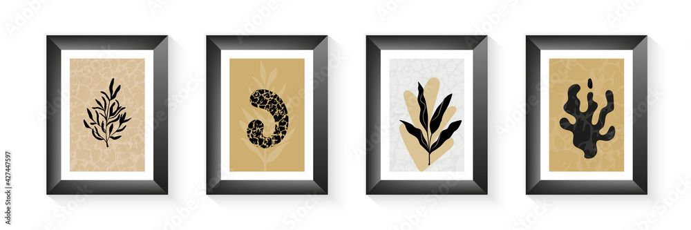 Botanical set of wall artwork posters. Abstract gold crackle fissure ...