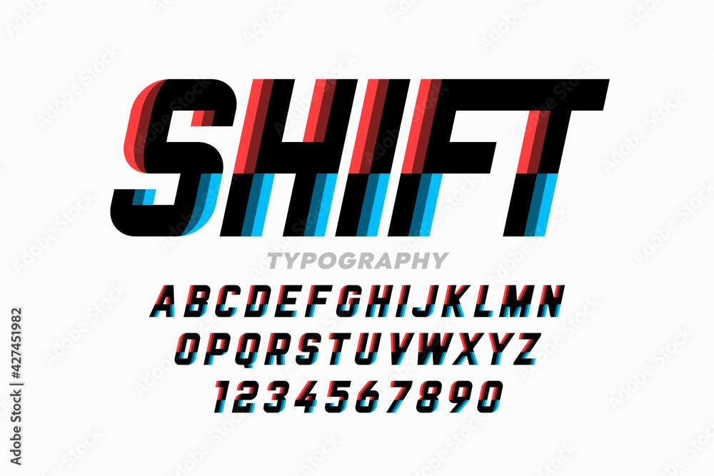 Shifted style font, typography design, alphabet letters and numbers ...