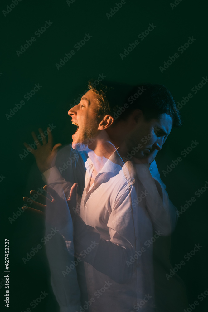 Rage panic. Depressed man. Anxiety stress. Psychology disorder. Split ...