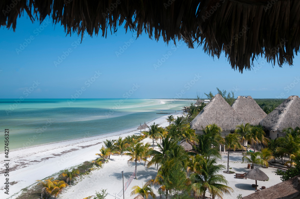 Panoramic view of a beach on Holbox Island in Mexico, with white sand ...