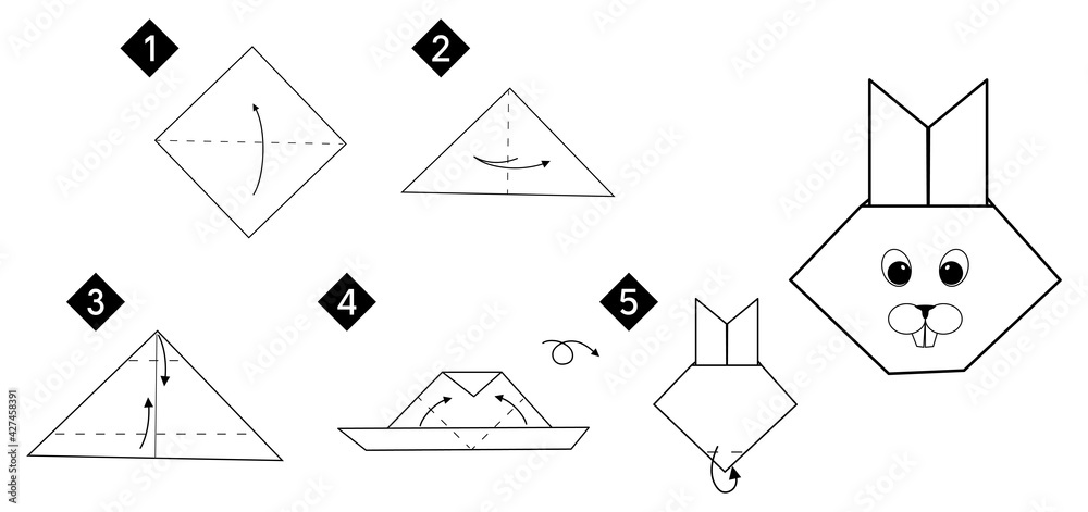 How to make origami rabbit head. Black line monochrome step by step ...