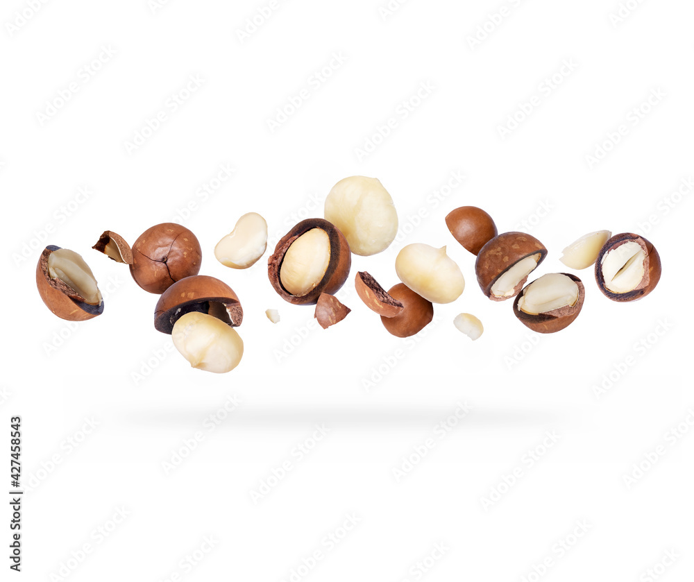 Crushed macadamia nuts close-up hovered in white space Stock Photo ...