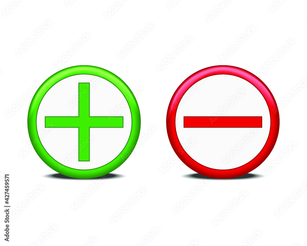 Green Plus sign and red Minus sign isolated on a white background. 3d ...