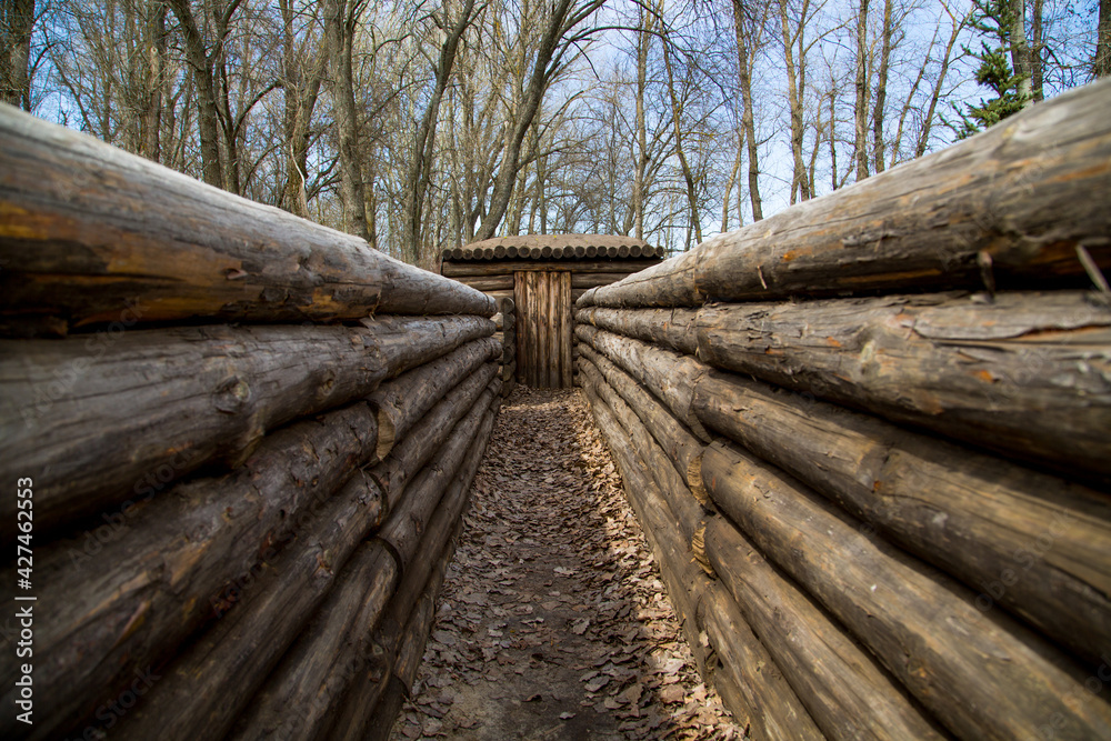 A trench fortified with logs with a dugout. Victory Day. The Second ...