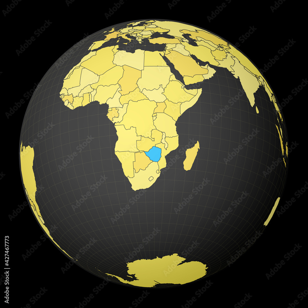 Zimbabwe on dark globe with yellow world map. Country highlighted with ...