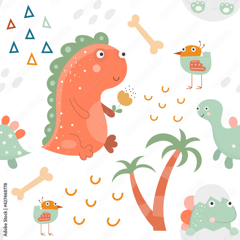 Seamless pattern with hand drawn baby dinosaur and bird. Vector kids ...