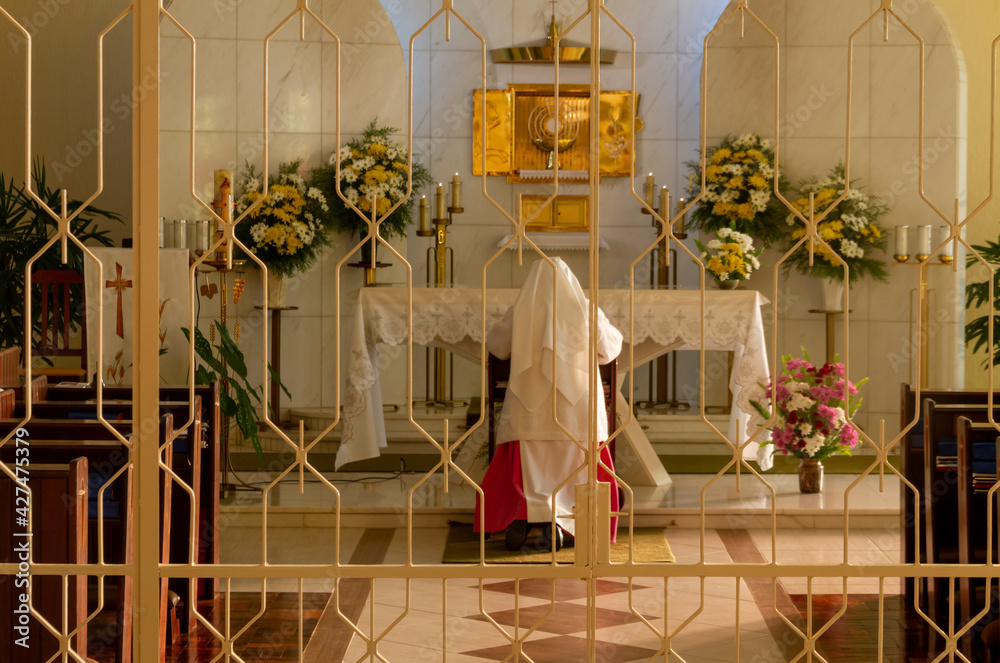 Nun dressed in pink and white robes kneeling praying and worshiping the ...