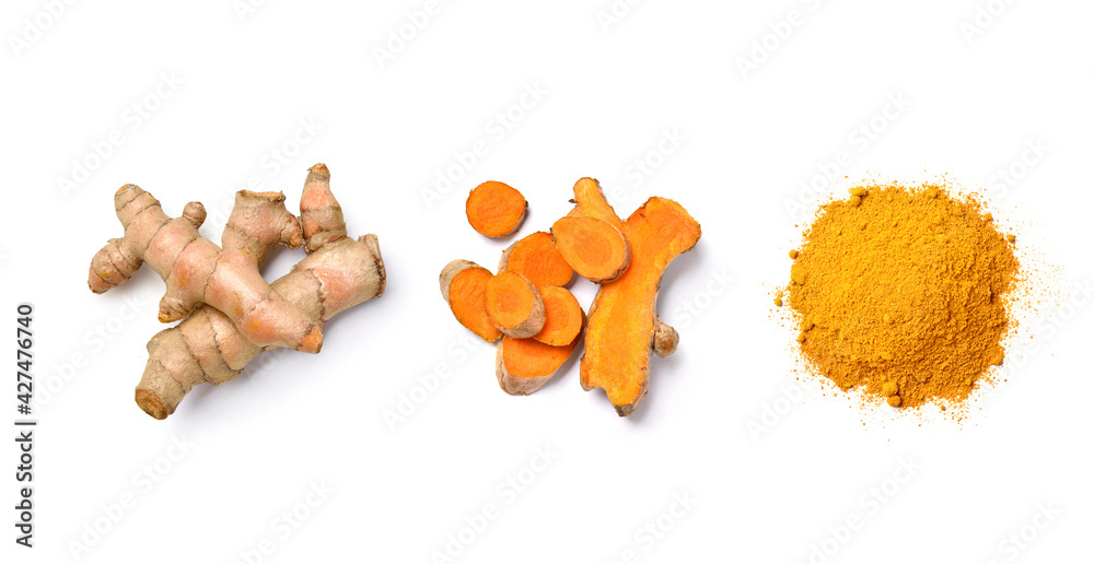 Poster Flat lay (top view) of Turmeric (curcumin) powder with rhizome ...