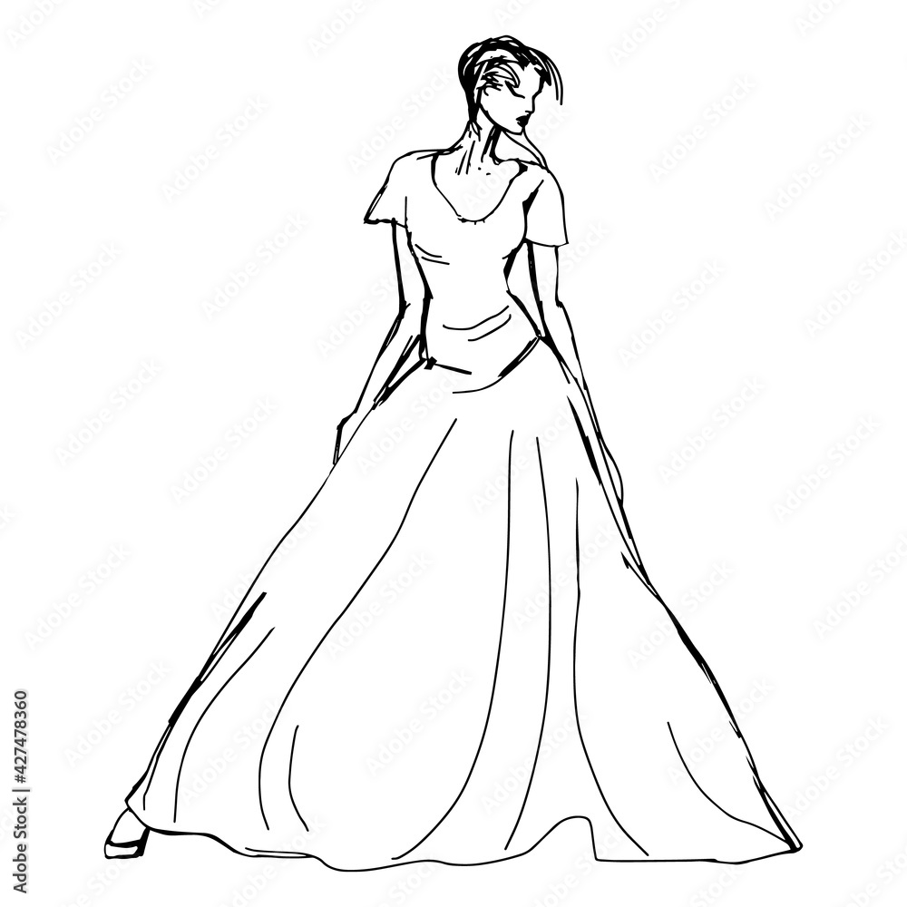 Fashion models in the dress sketch. Drawn long dress. Vector ...