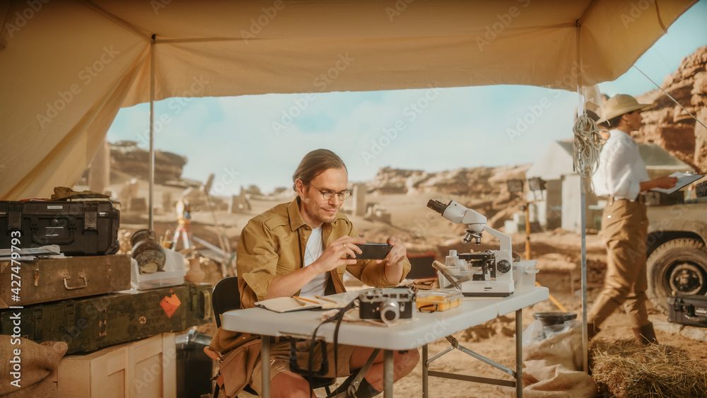 Archaeological Digging Site: Great Male Archaeologist Doing Research ...
