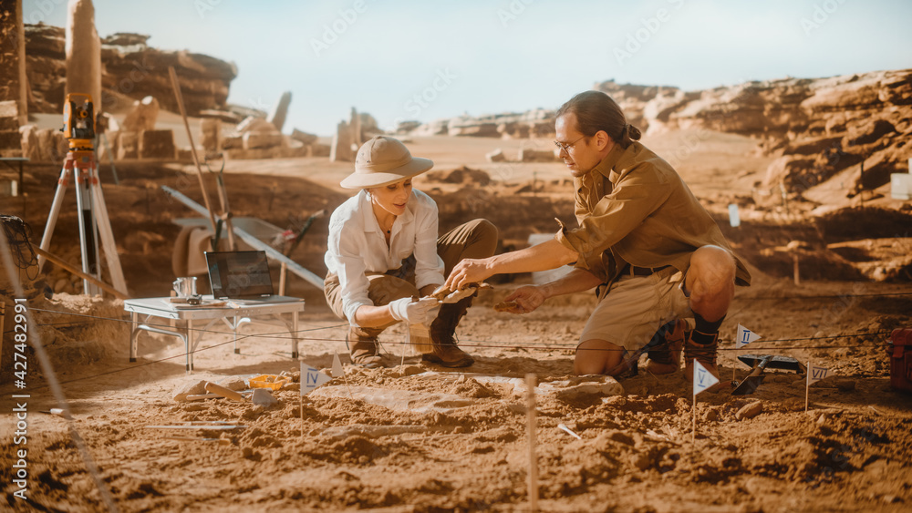 Archaeological Digging Site: Two Great Paleontologists Cleaning Newly ...