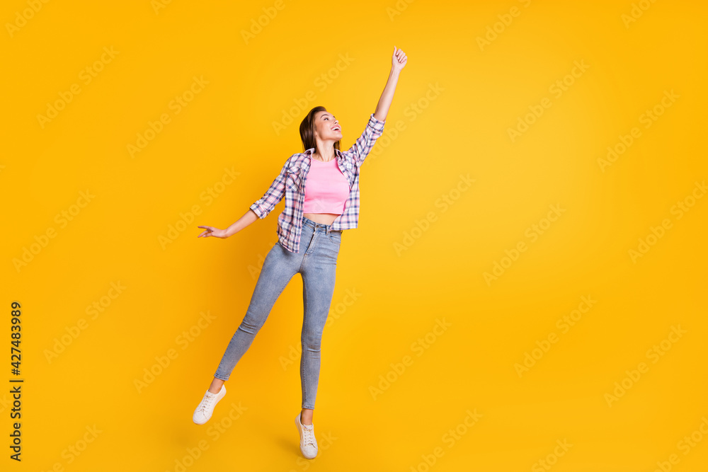 Full length body size view of attractive skinny cheery girl jumping ...