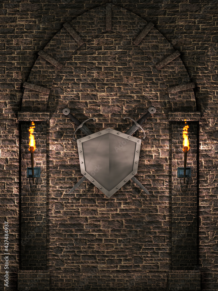 Medieval arch with swords and shield background.3d illustration. Stock ...