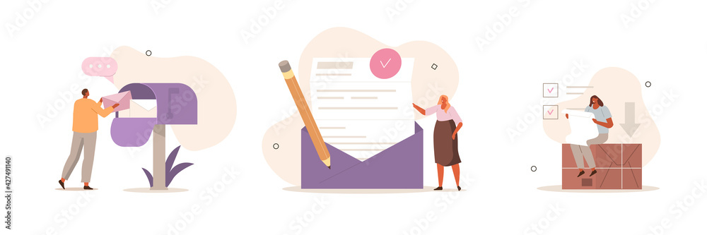 Email Marketing Scenes. People Characters Using Postbox, Sending and ...