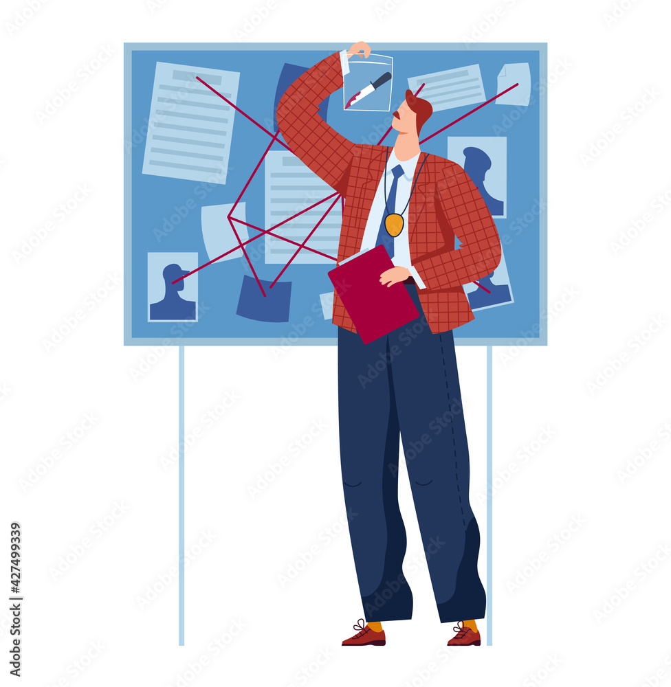 Detective crime investigation, isolated on white, board inquisition ...