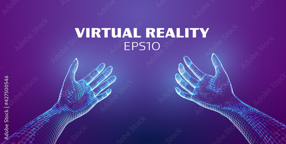 Virtual reality vector background. Hands in VR technology. Touch to ...