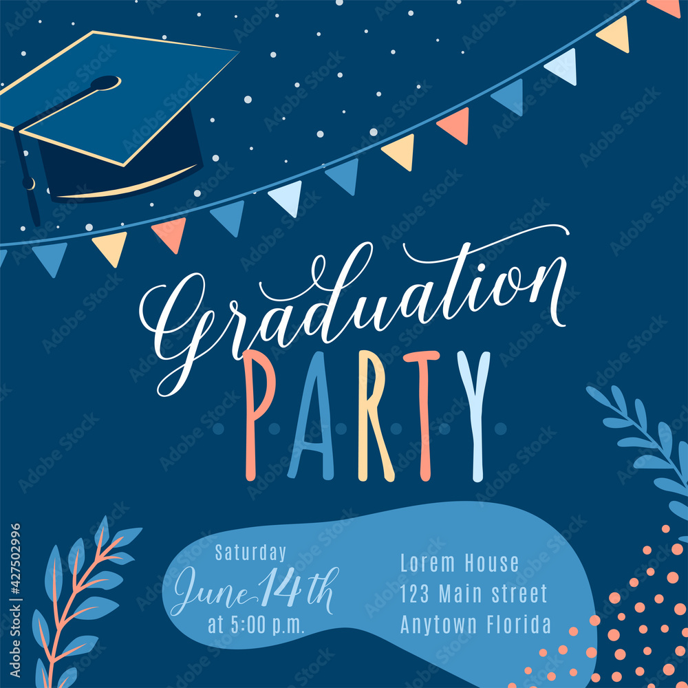 Graduation party vector background, invite card template. Trendy design ...