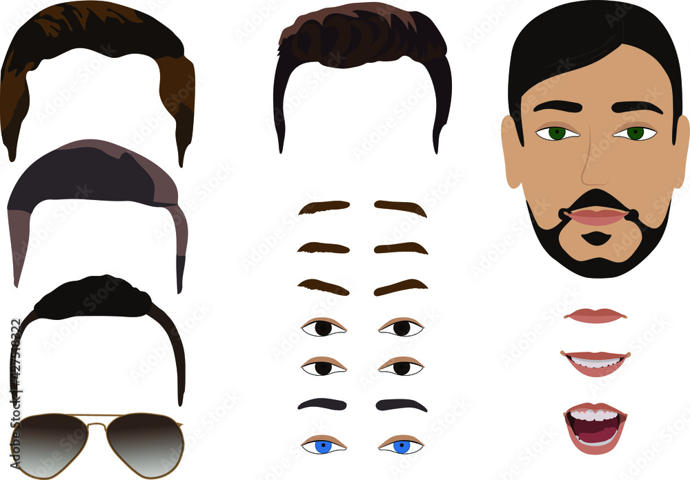 The male face constructor. Cartoon vector style. Creating spare parts ...