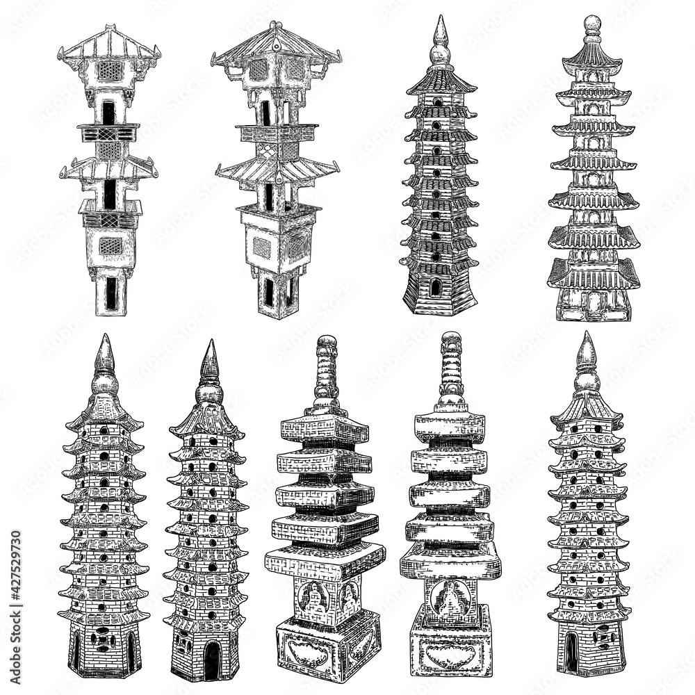 Cultural and religious Chinese and Japanese pagoda palace statues and ...