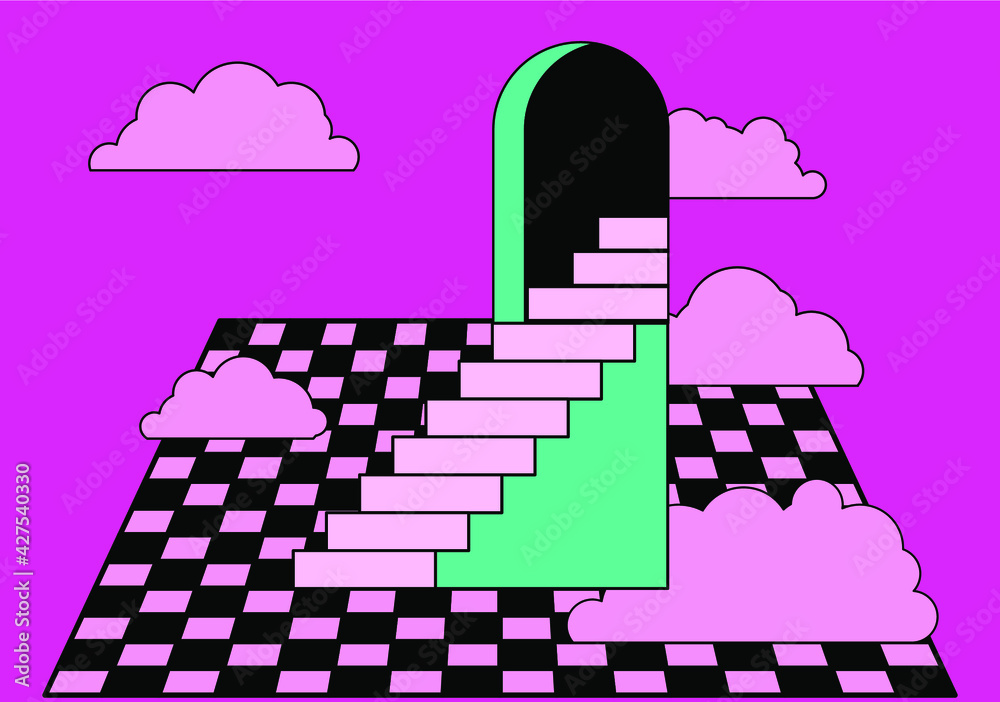 Surreal vaporwave room interior with a checkerboard floor and stairs ...