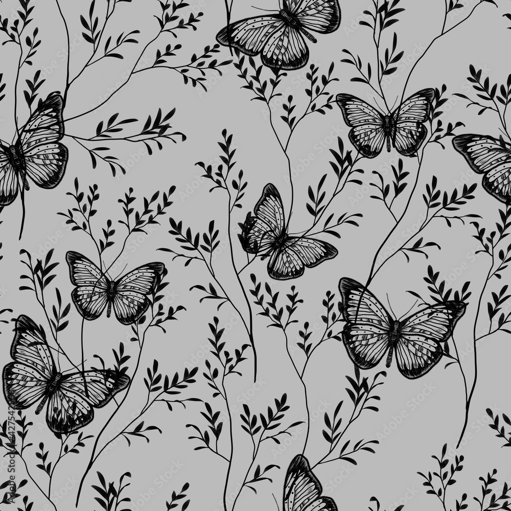 Isolated bitmap image of butterflies and tree branches. The pattern is ...
