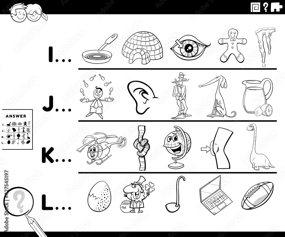 First Letter Of A Word Task For Children Coloring Book Page Stock