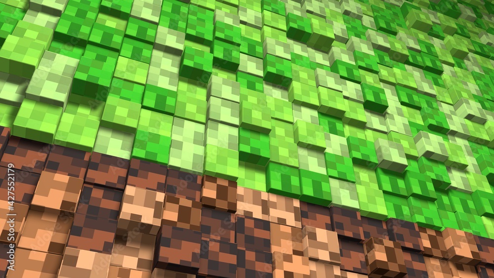 Pixel grass and ground background. 3D Abstract cubes. Video game ...