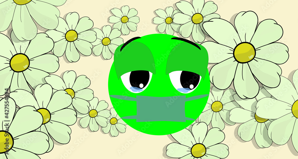 ALLERGY, MASK AMONG THE DAISIES. Emoticon with a mouth covered by ...