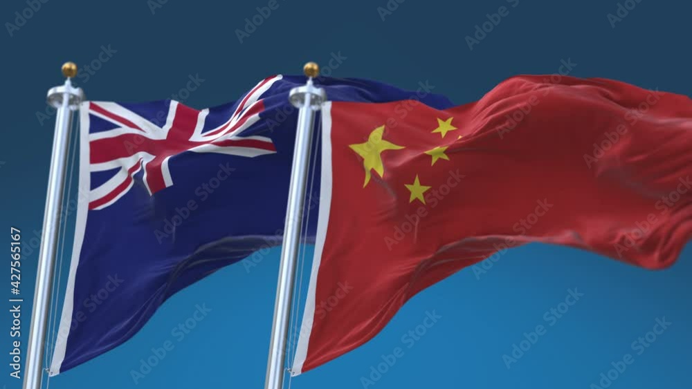 4k Seamless New Zealand and China Flags with blue sky background;A ...