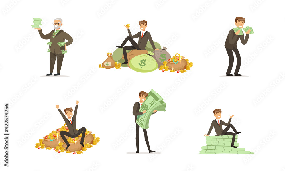 Happy Rich People Set, Men Millionaires Counting and Bathing in Money ...