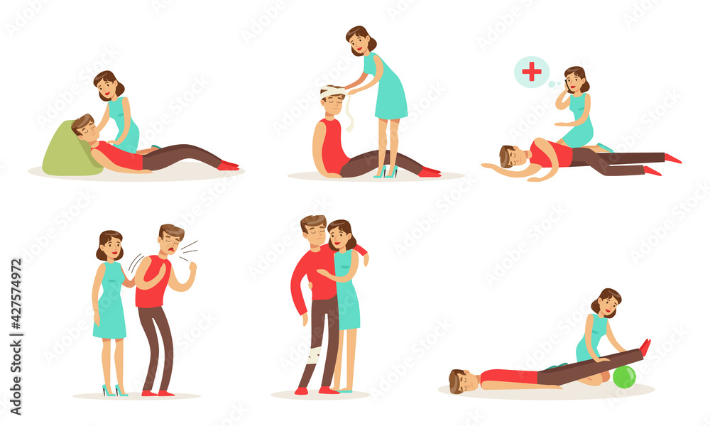 Set of Emergency First Aid Resuscitation Procedures, Young Woman ...