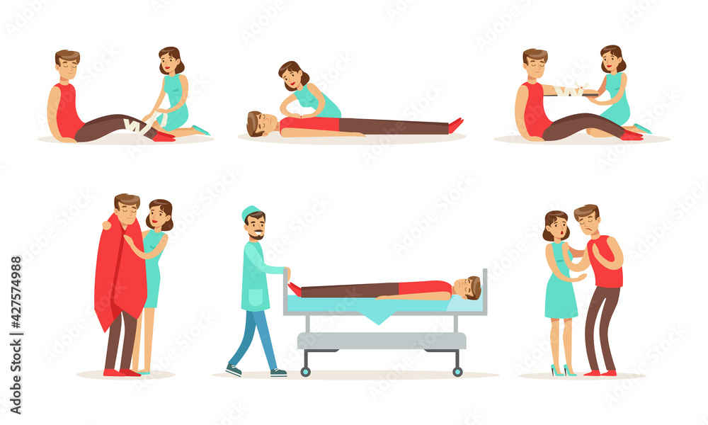 Set of Emergency First Aid Resuscitation Procedures, Young Woman ...