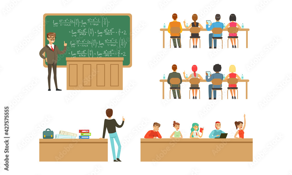Students at University Set, Students and Professors in Lecture Hall at ...
