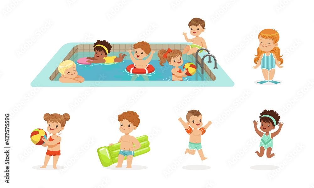 Cute Cheerful Kids Having Fun in Swimming Pool Set, Summer Outdoor ...