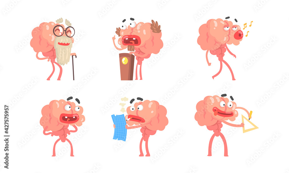 Funny Brain Cartoon Character Set, Humanized Brain in Different ...