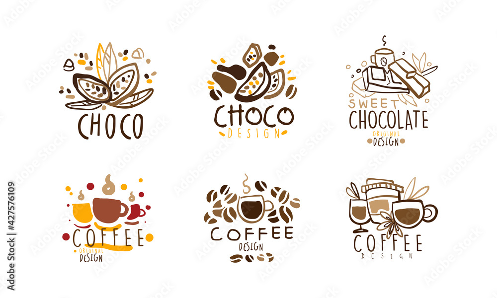 Sweet Chocolate Logo Original Design Set, Coffee Hand Drawn Labels ...