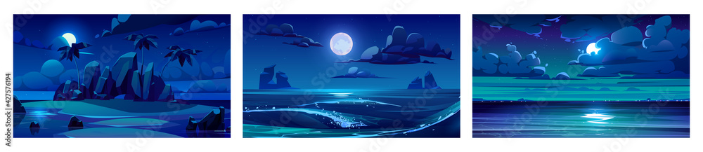 Sea landscape with moon, stars and clouds in dark sky at night. Vector ...