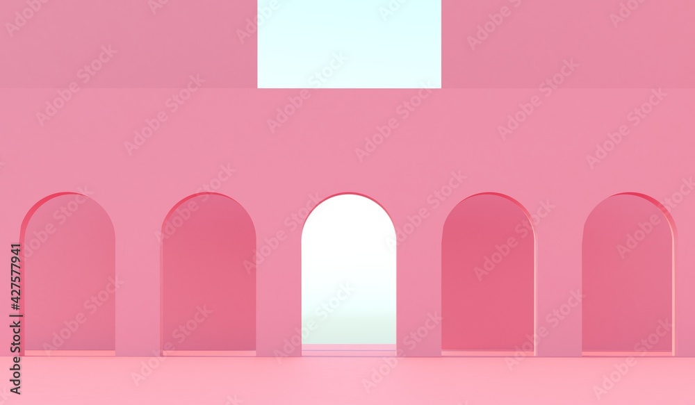 Pink arc with copy space. Pastel pink color background. 80s 70s 60s ...