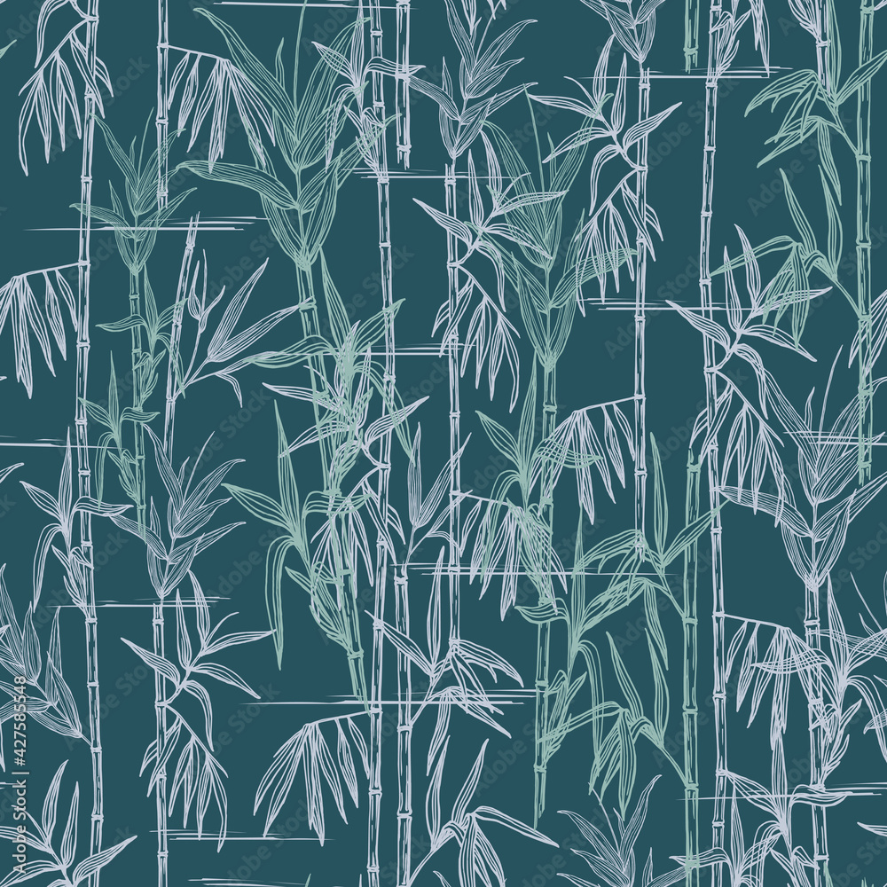 Seamless pattern with bamboo stems and leaves in blue green colours ...