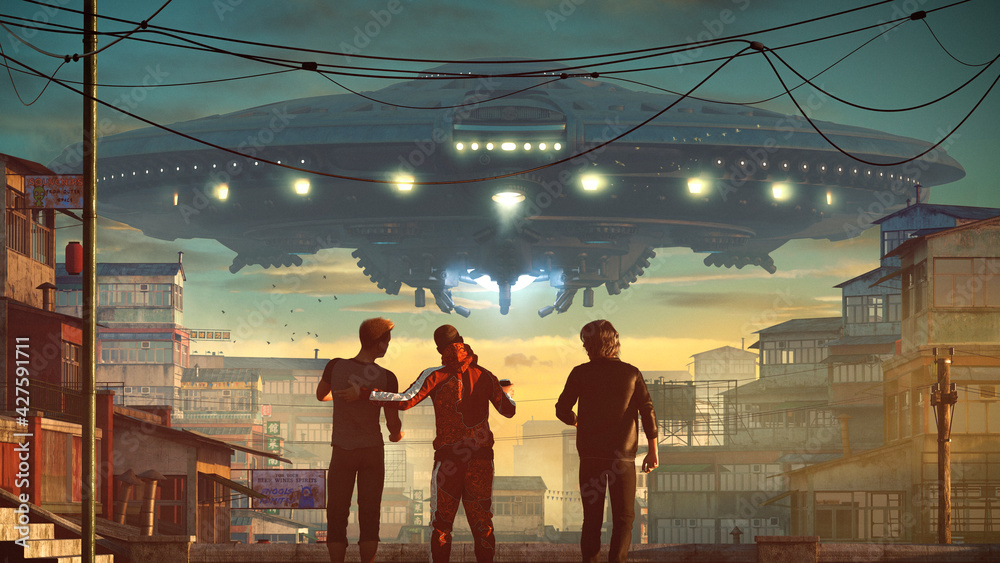 Giant Ufo floating on an Asian city slum with three guys talking about ...